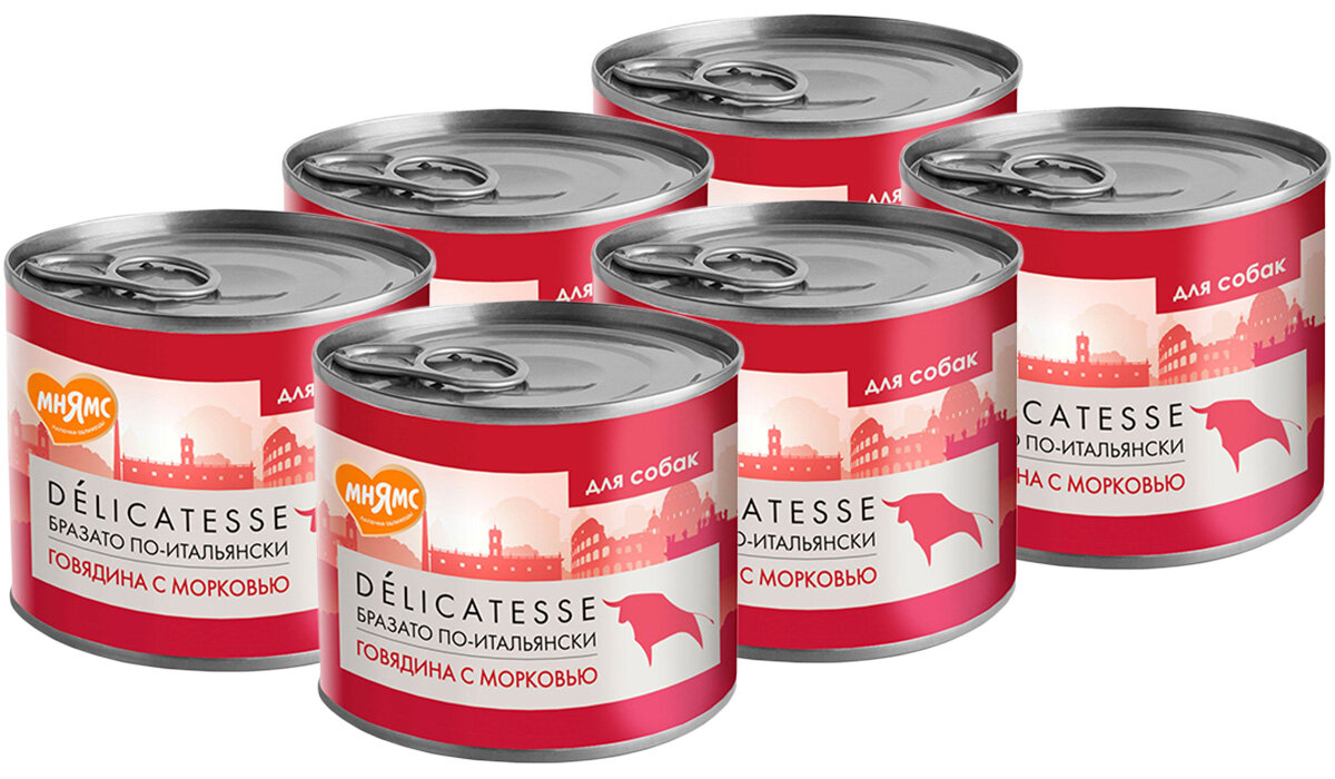 Влажный корм Мнямс Delicatesse Бразато По-Итальянски для собак всех пород с говядиной и морковью банка, 200 г 6 шт