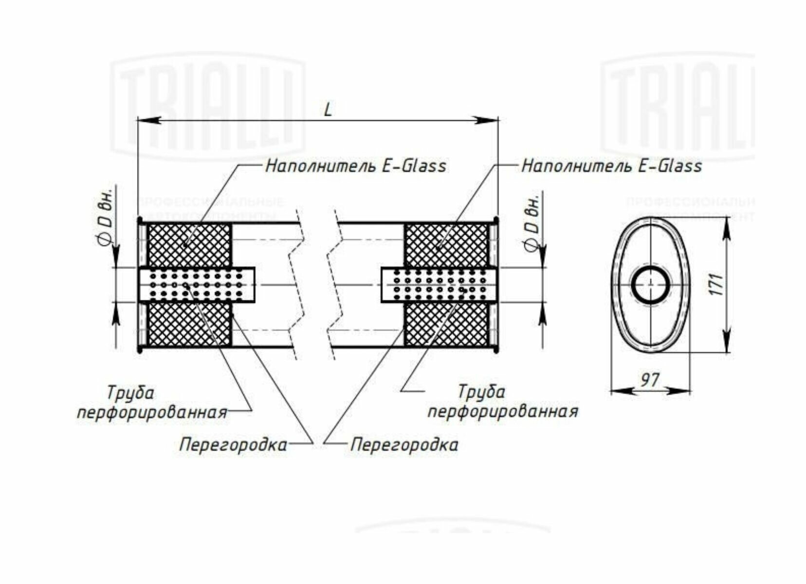 Глушитель Универс. (Овальный) 97Х171, L=400, D=50 (Нерж. Алюм. Сталь) (Emm 3504)(Trialli Emm3504)
