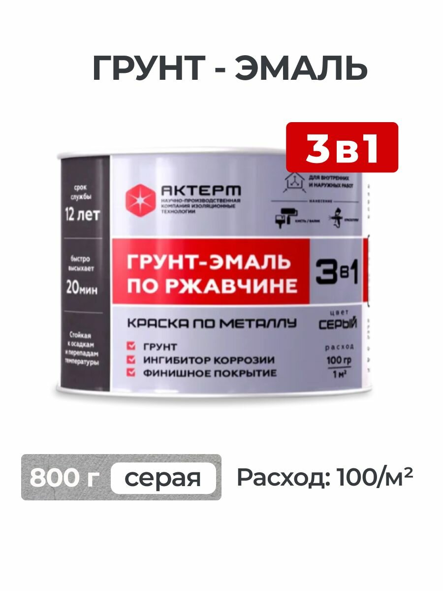 Грунт-эмаль по ржавчине 3 в 1 актерм, краска по металлу быстросохнущая серая 0,8 кг