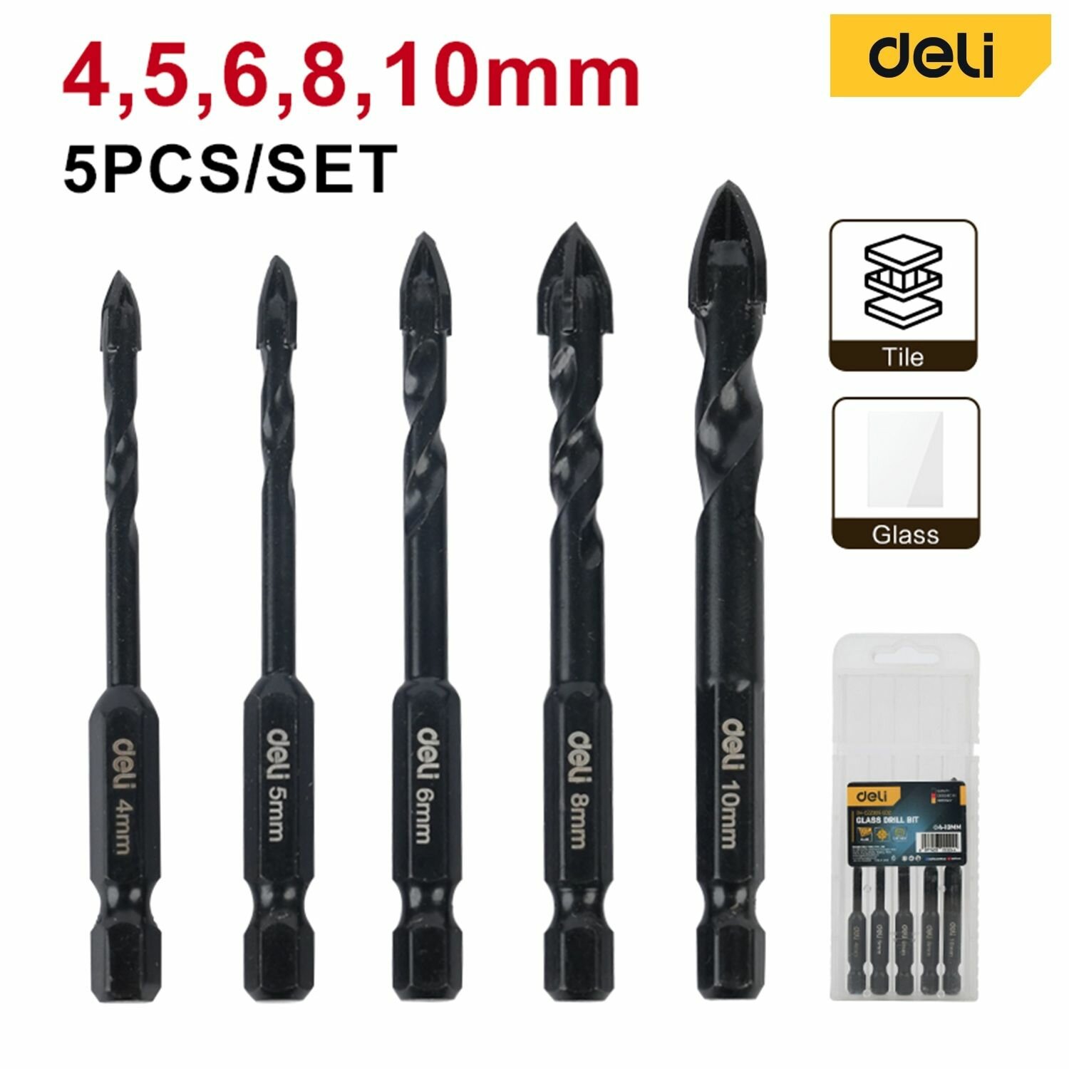 Набор сверл по стеклу, керамике, кафелю 5шт Deli DH-CZZ005-ED2, YG6X, шестигранный хвостовик 1/4HEX, кейс