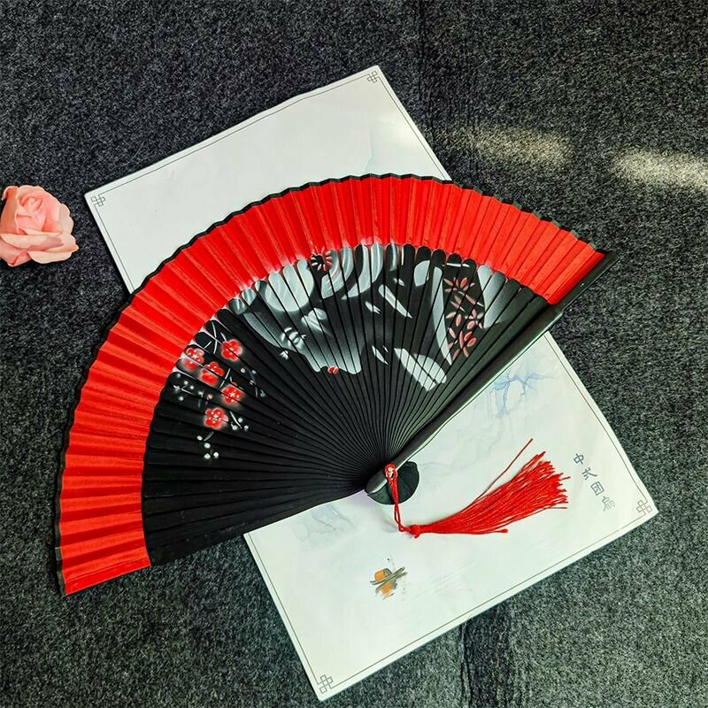 Веер ручной складной деревянный тканевый в японском стиле для фотосессии и танцев