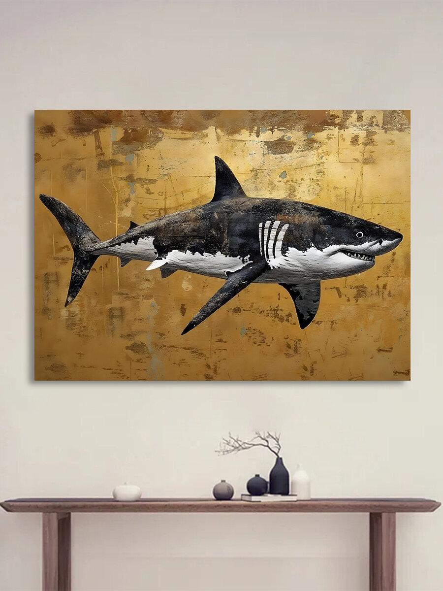 Вертикальная картина на стену - "Акула, Металл / Черно-золотой" , 50х70 см.
