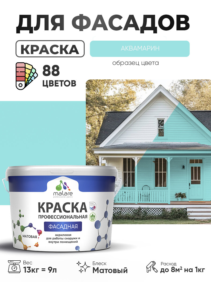 Краска Malare Professional фасадная по дереву, бетону и штукатурке, для камня и кирпича, без запаха, матовая, аквамарин, (9л - 13кг)