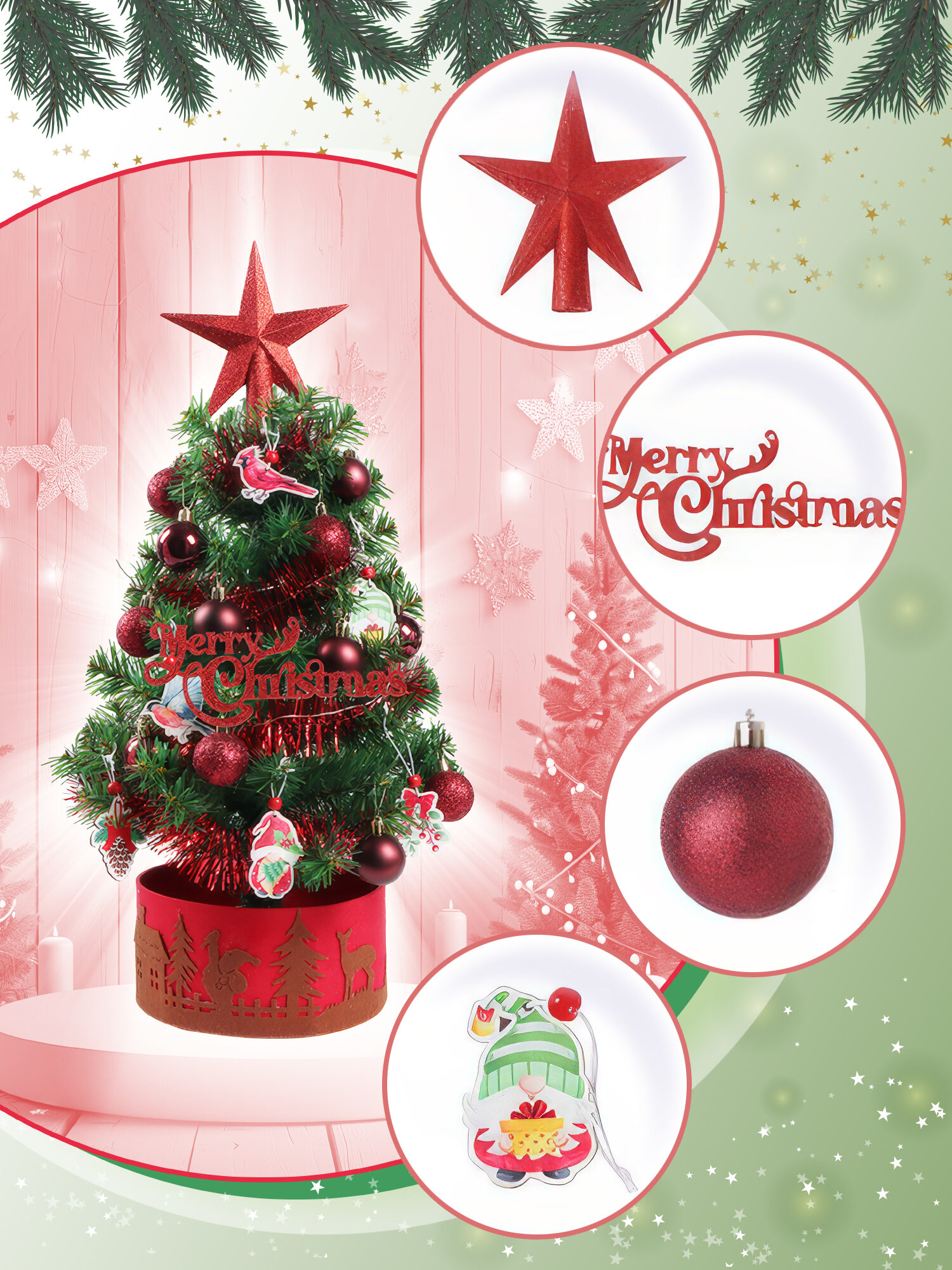 Новогодняя Елка самосборная"UltraMarin" 700-XT Алые огоньки высота 60 см зеленая