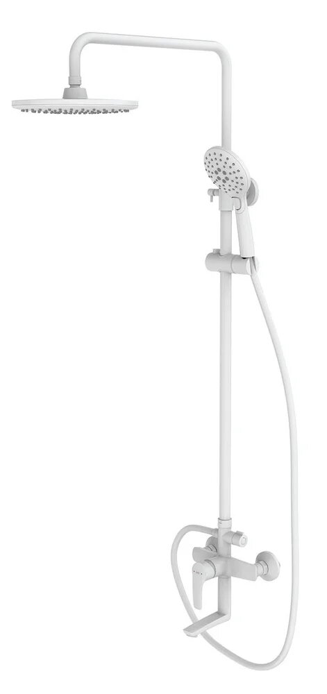 Душевая стойка IDDIS Ray RAYWT3Fi06 со смесителем, белая, матовая, душевая система с тропическим душем, с изливом, с лейкой, латунная, рычаг сбоку