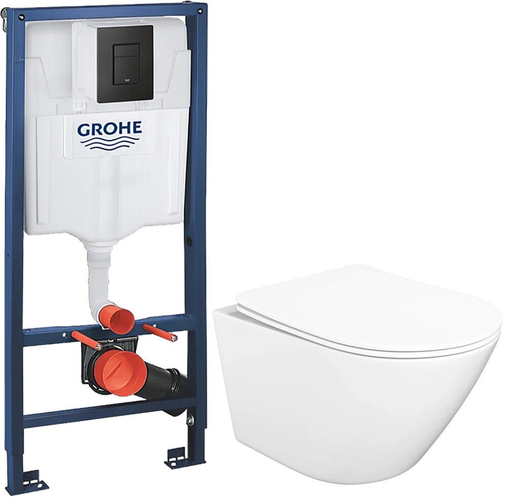 Инсталляция с унитазом комплект 4 в 1: Инсталляция Grohe Solido 38811KF0 / Унитаз подвесной STWORKI Левангер S07401WH / Кнопка черная, Комплект креплений