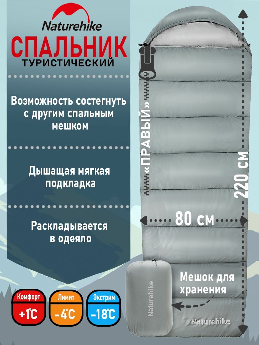 Туристический спальный мешок, спальник Naturehike M400 с капюшоном, молния справа, серый, CNK2350WS023