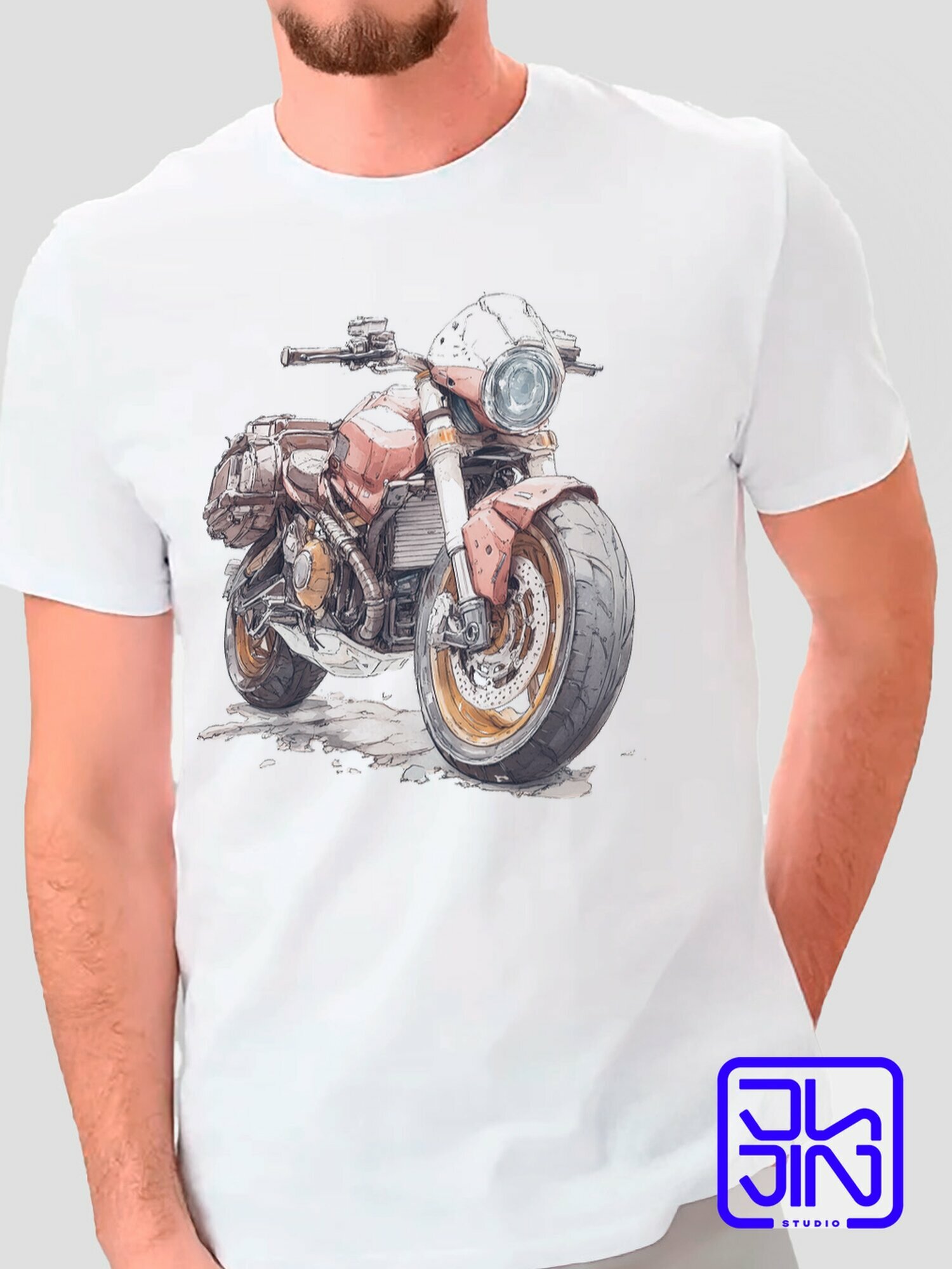Футболка классическая мужская с авторским принтом Ретро мотоцикл оранжевый, винтажный в черно белом стиле для уличного экстрима, белый хлопковый трикотаж с прикольным рисунком на груди