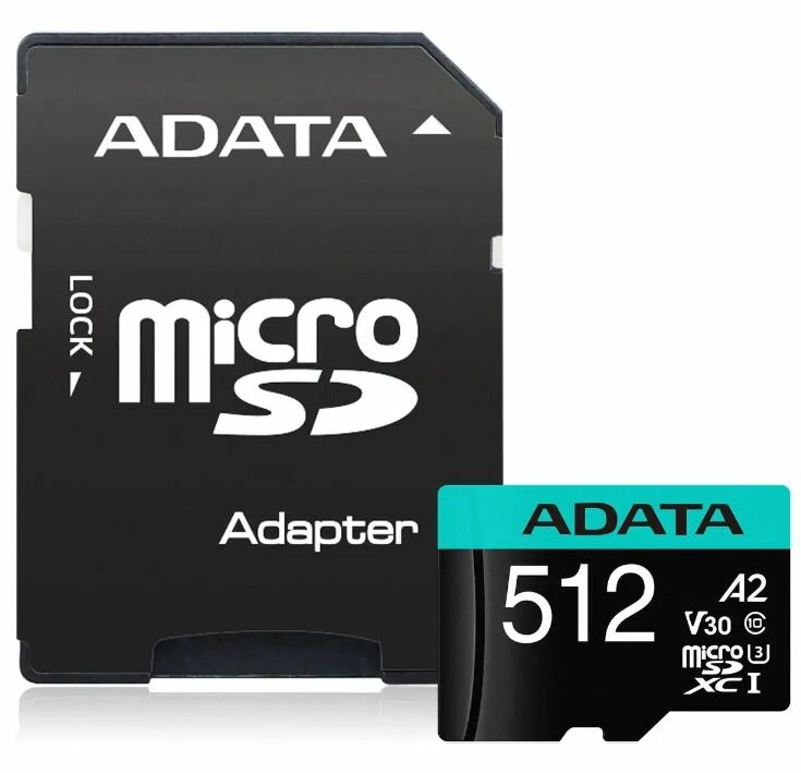 Карта памяти A-Data Premier Pro microSDXC 512 ГБ (AUSDX512GUI3V30SA2-RA1) - Class 10, UHS-I U3, запись - 85 Мбайт/сек, чтение - 100 Мбайт/сек