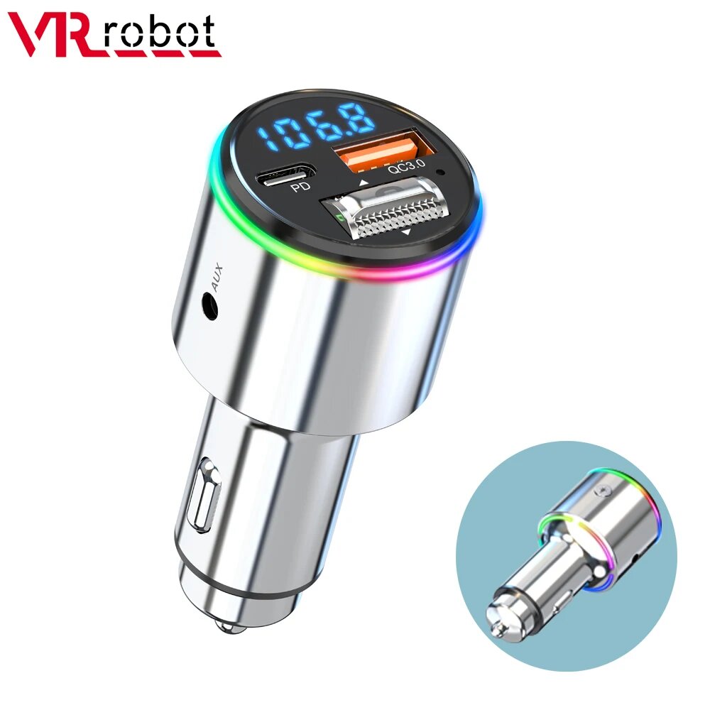Автомобильный FM-трансмиттер VR Robot PD30W, Bluetooth 5,3, музыкальный mp3-плеер, беспроводная гарнитура с переходником для быстрой зарядки 3,5 мм Aux QC3.0