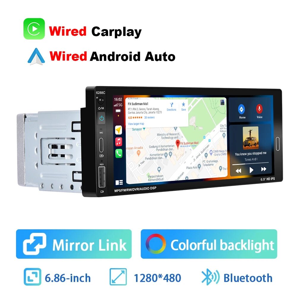 Автомагнитола 1DIN Podofo, Универсальная автомобильная стереосистема Carplay MP5 с сенсорным экраном 6,86 дюйма, Bluetooth, FM-радиоприемником, интерфейсом TF/USB, ONLY RADIO