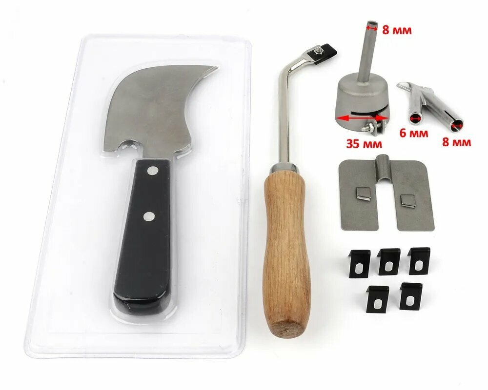 Набор инструментов для сварки напольных покрытий ПВХ линолеума / Рустовка, нож полумесяц, направляющая насадка / Насадки для сварки прутком