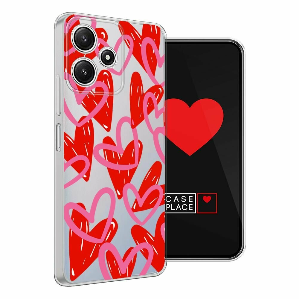 Чехол на Xiaomi Redmi 12 5G / Сяоми Редми 12 5G с принтом "Hearts doodles - 14 февраля", прозрачный — фото 1