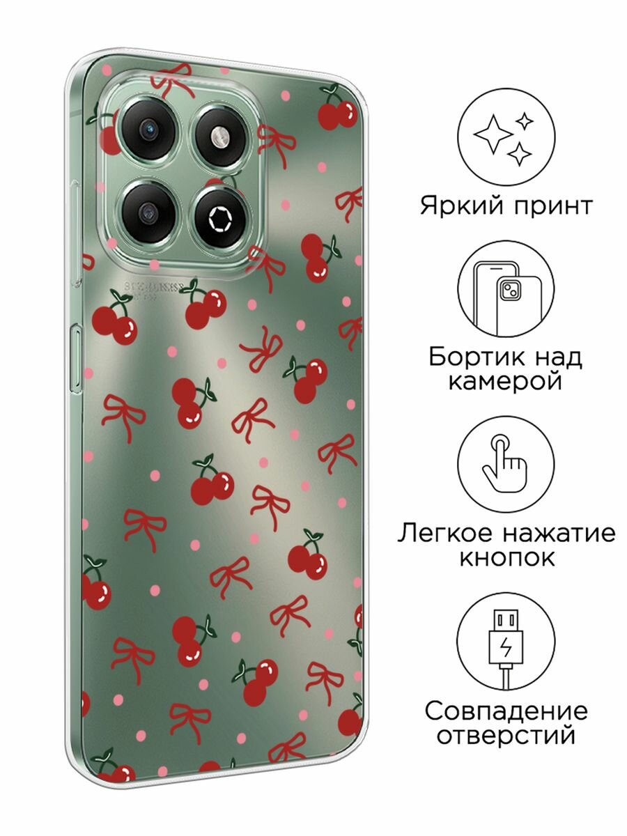 Чехол на Honor X6b / Хонор X6b с принтом "Вишни и ленточки", прозрачный — фото 1