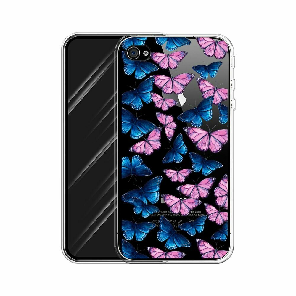 Чехол на Apple iPhone 4/4S / Айфон 4/4S с принтом Розовые и голубые бабочки, прозрачный — фото 1