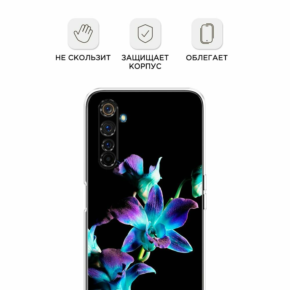 Чехол на Realme 6 Pro / Реалми 6 Про с принтом "Синий цветок на черном" — фото 1