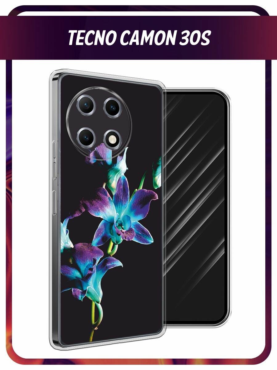 Чехол на Tecno Camon 30S / Текно Камон 30S с принтом "Синий цветок на черном"