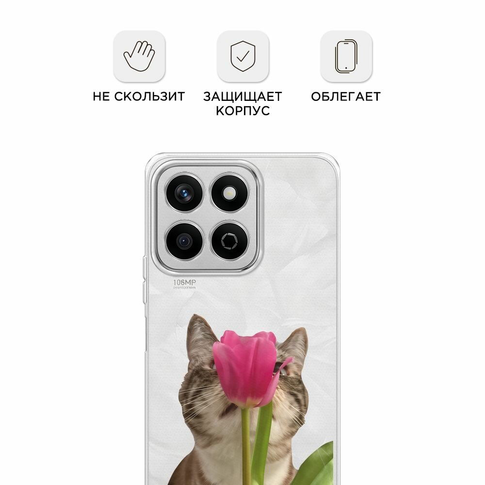 Чехол на Honor X7c / Хонор X7c с принтом "Кот с тюльпаном - 8 марта", прозрачный — фото 1