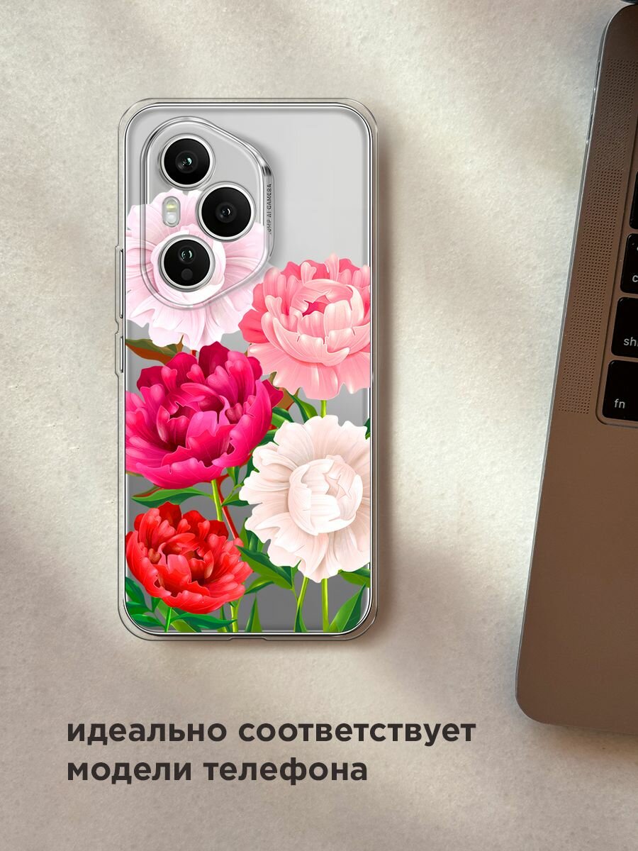 Чехол на Honor 400 Pro / Хонор 400 Про с принтом "Большие пионы", прозрачный — фото 1