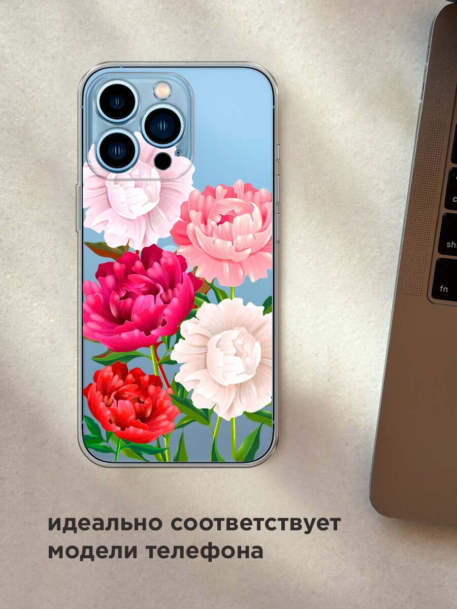 Чехол на Apple iPhone 13 Pro / Айфон 13 Про с принтом "Большие пионы", прозрачный — фото 1