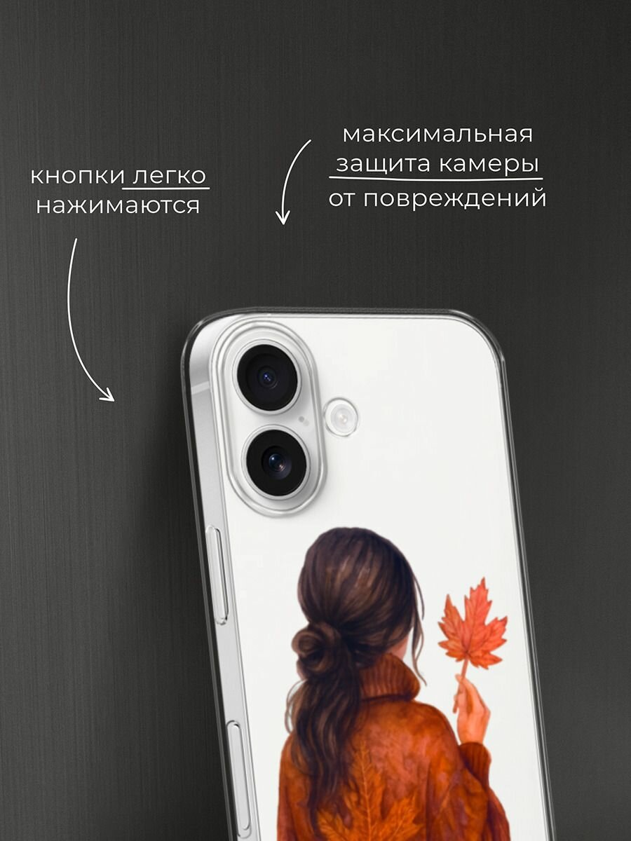 Чехол на Apple iPhone 17 / Айфон 17 с принтом "Девушка с опавшим листом", прозрачный — фото 1