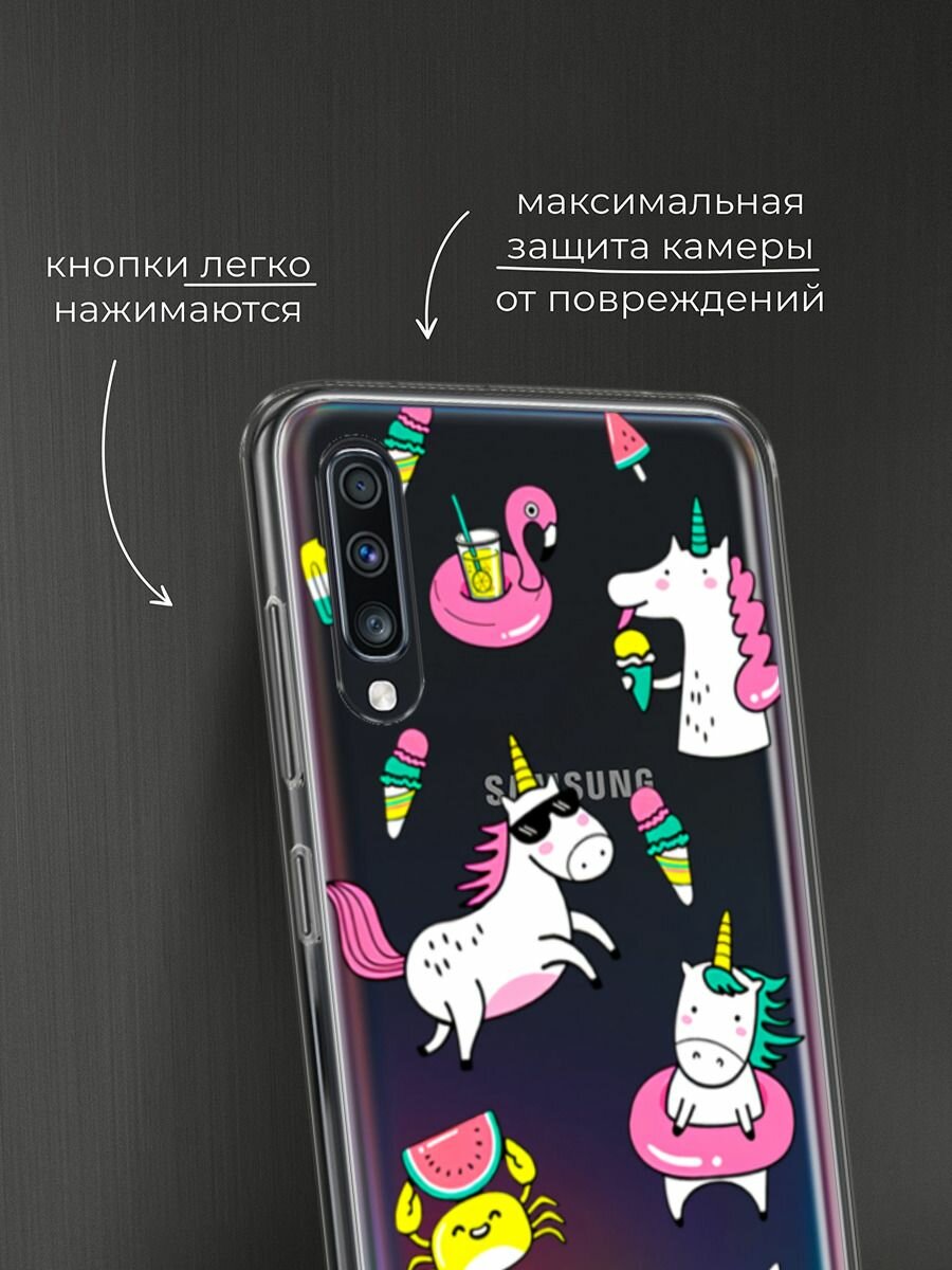 Чехол на Samsung Galaxy A70 / Самсунг Галакси А70 с принтом "Единороги в отпуске", прозрачный — фото 1