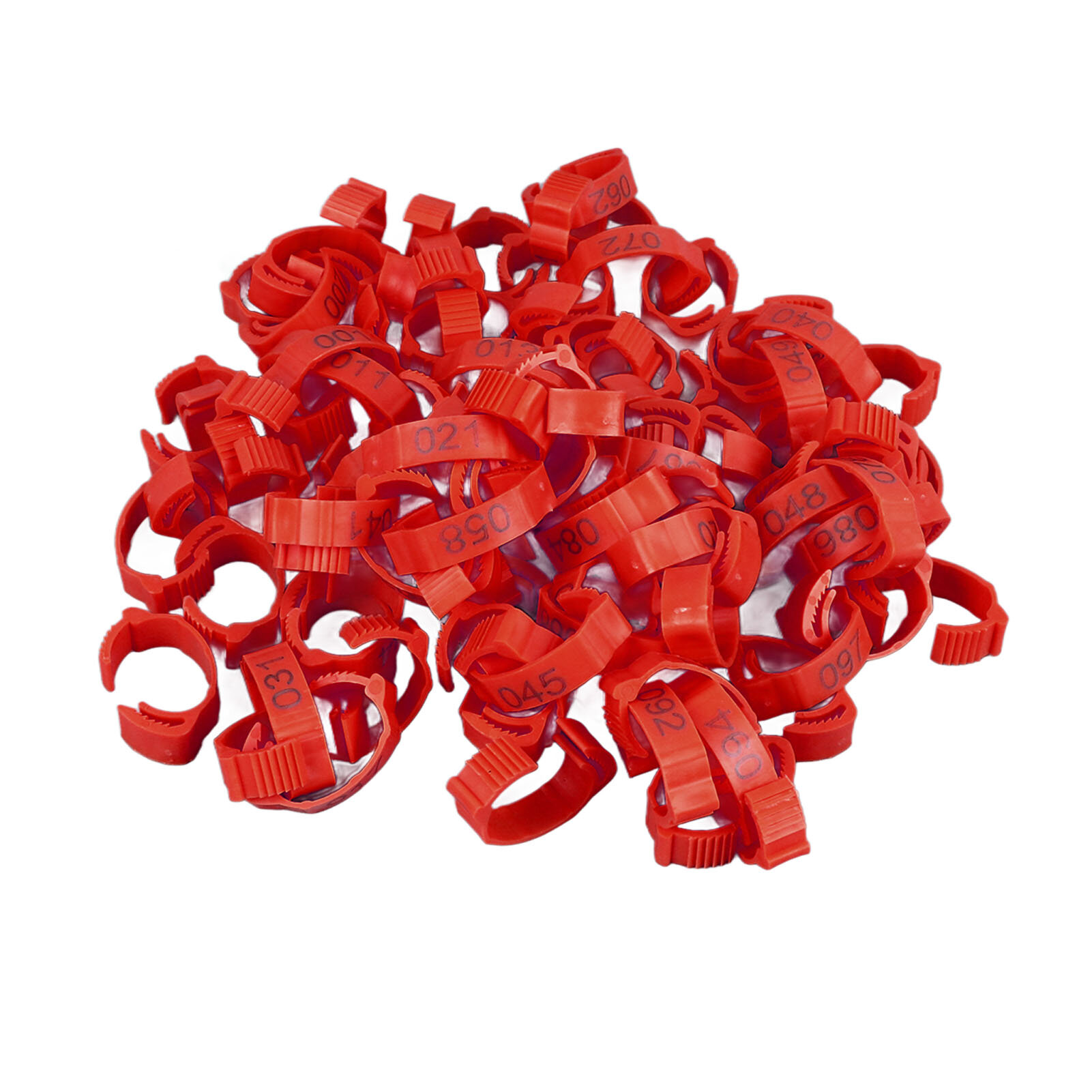 100 шт. колец для куриных ножек, зажимы, яркие, прочные, пластиковые, с номерами, для птиц (уток, гусей, бойцовых птиц), красные, с номерами.