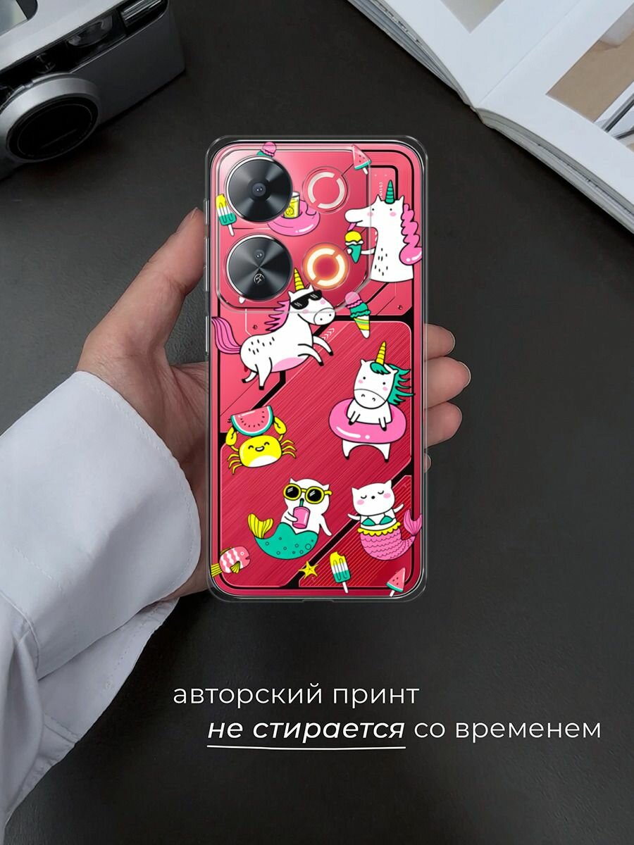Чехол на Itel P65 / Ител P65 с принтом "Единороги в отпуске", прозрачный — фото 1