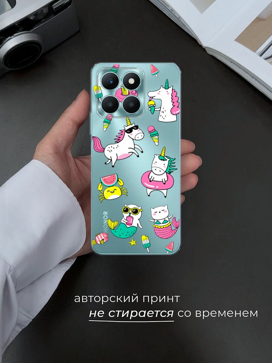 Чехол на Honor X6A / Хонор X6A с принтом "Единороги в отпуске", прозрачный — фото 1