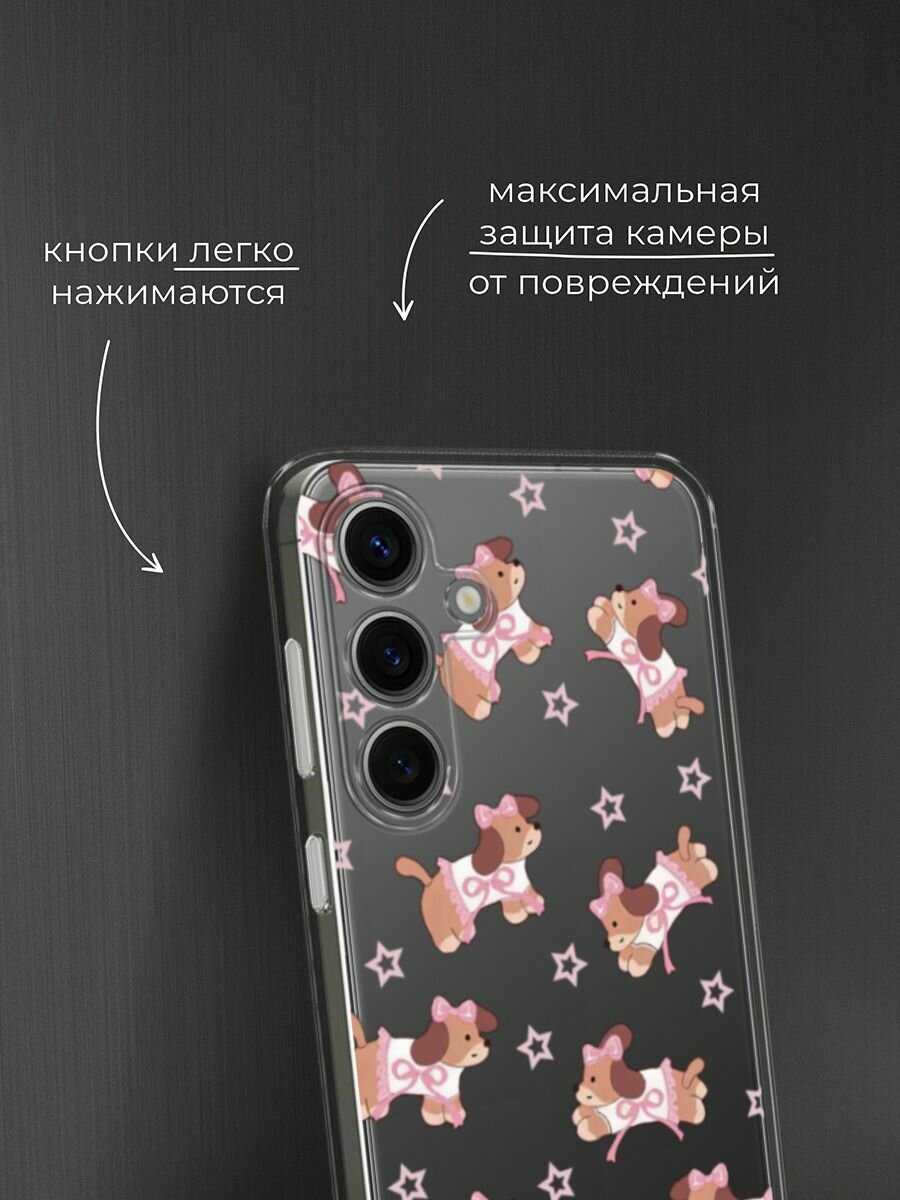 Чехол на Samsung Galaxy S25 / Самсунг S25 с принтом "Милый щенок с бантиком", прозрачный — фото 1