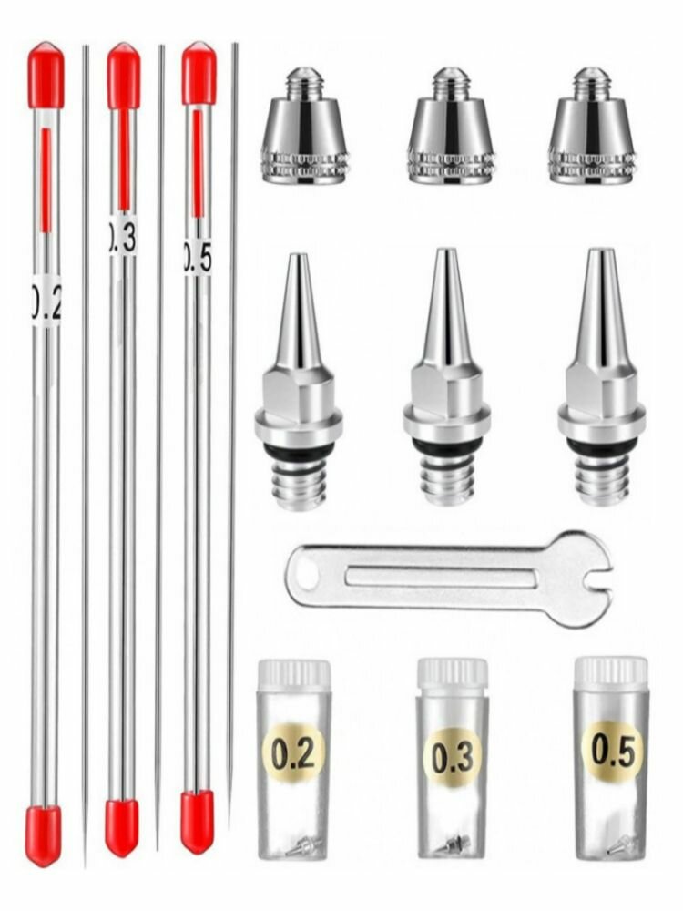 Большой набор Игла с соплом 0.2, 0.3, 0.5 мм для аэрографа / сопло с резьбовым соединением