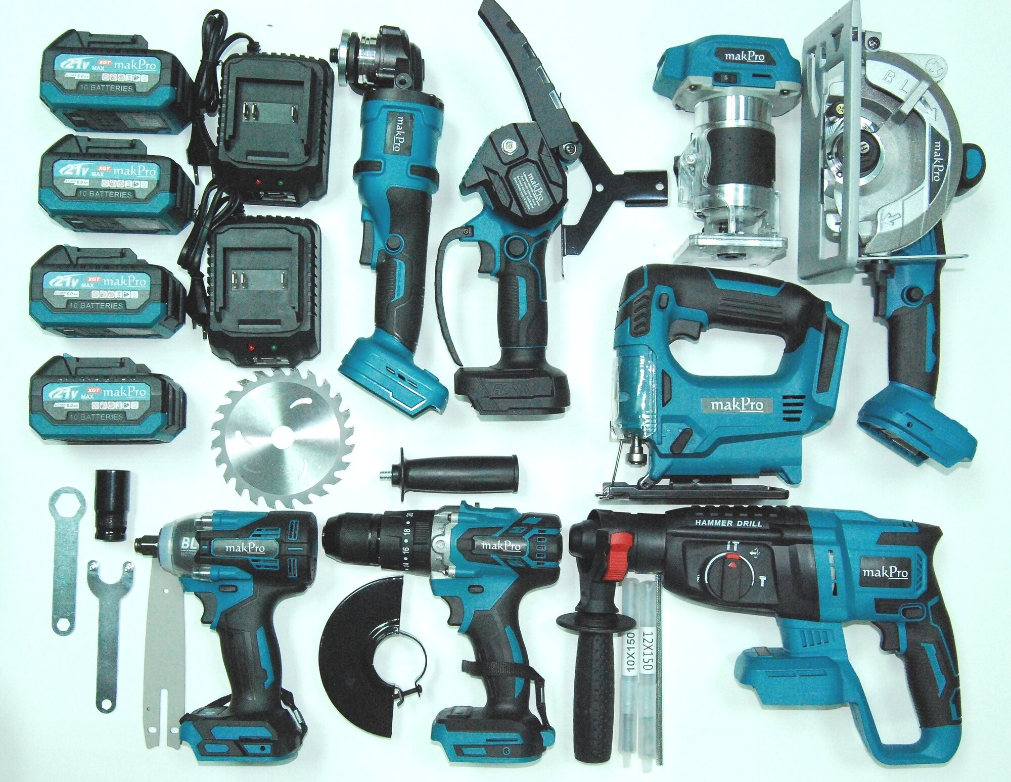 Набор аккумуляторных инструментов 8 в 1 makPro с четырьмя АКБ по 6 Ан, бесщеточный