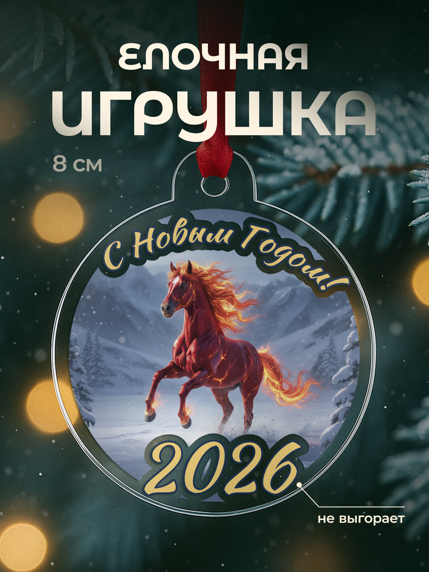 Елочная игрушка новогодняя плоская, акрил, 8 см с принтом Красная огненная лошадь