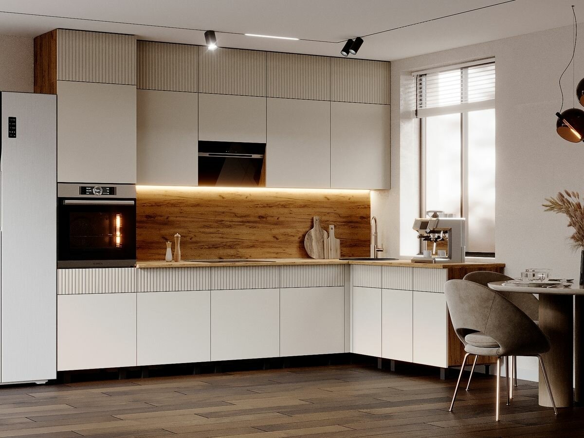 Кухонный гарнитур Оливия 3.0х1.8 м компоновка №2. Кашемир, Дуб Крафт