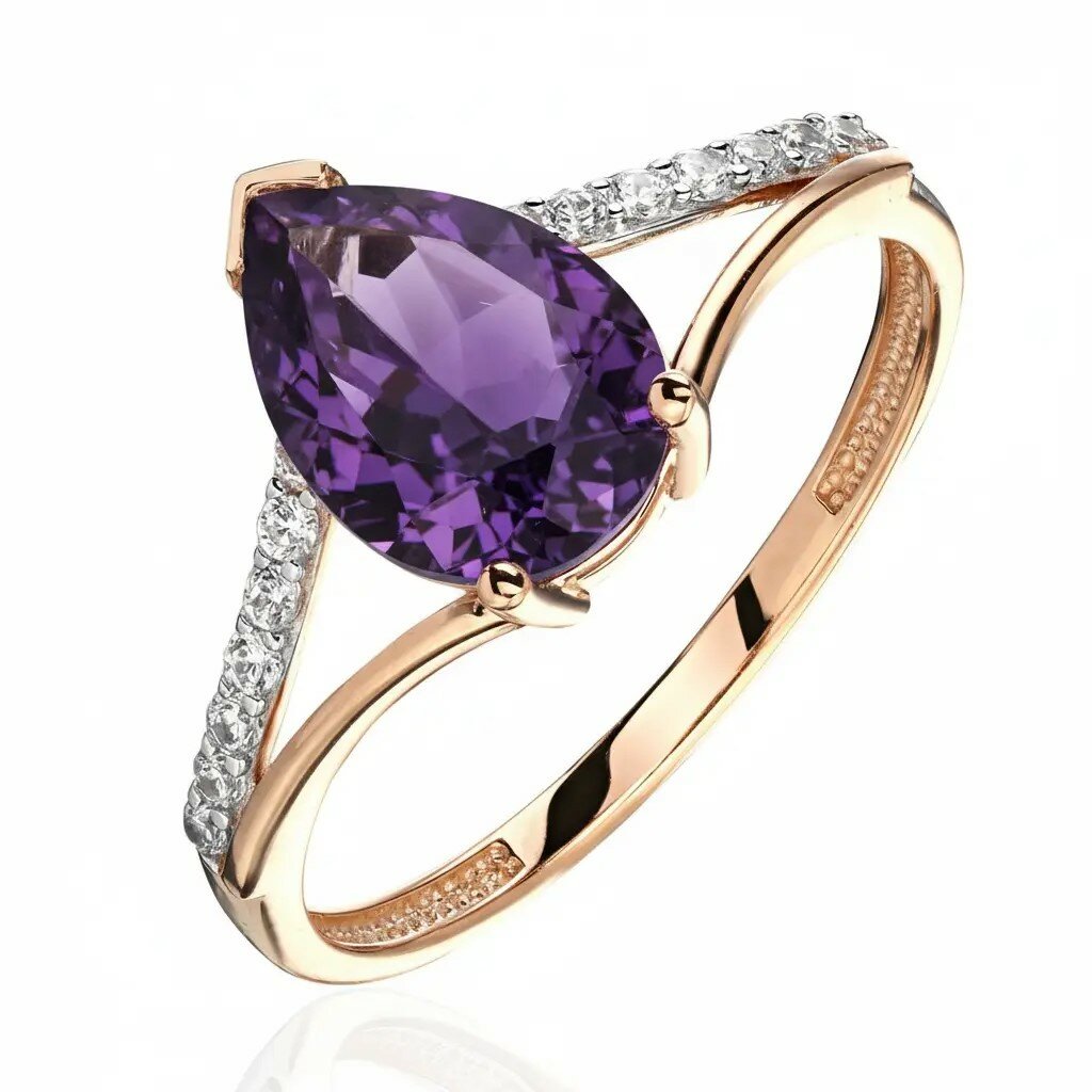 Кольцо, красное золото, 585 проба, родирование, аметист, фианит