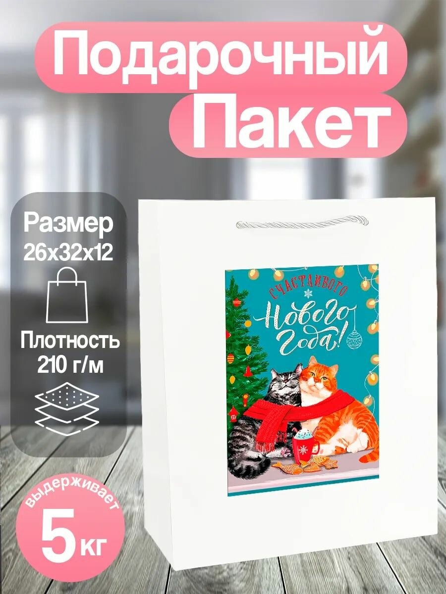 Пакет новогодний подарочный котики, упаковка для подарка, 26х31 см