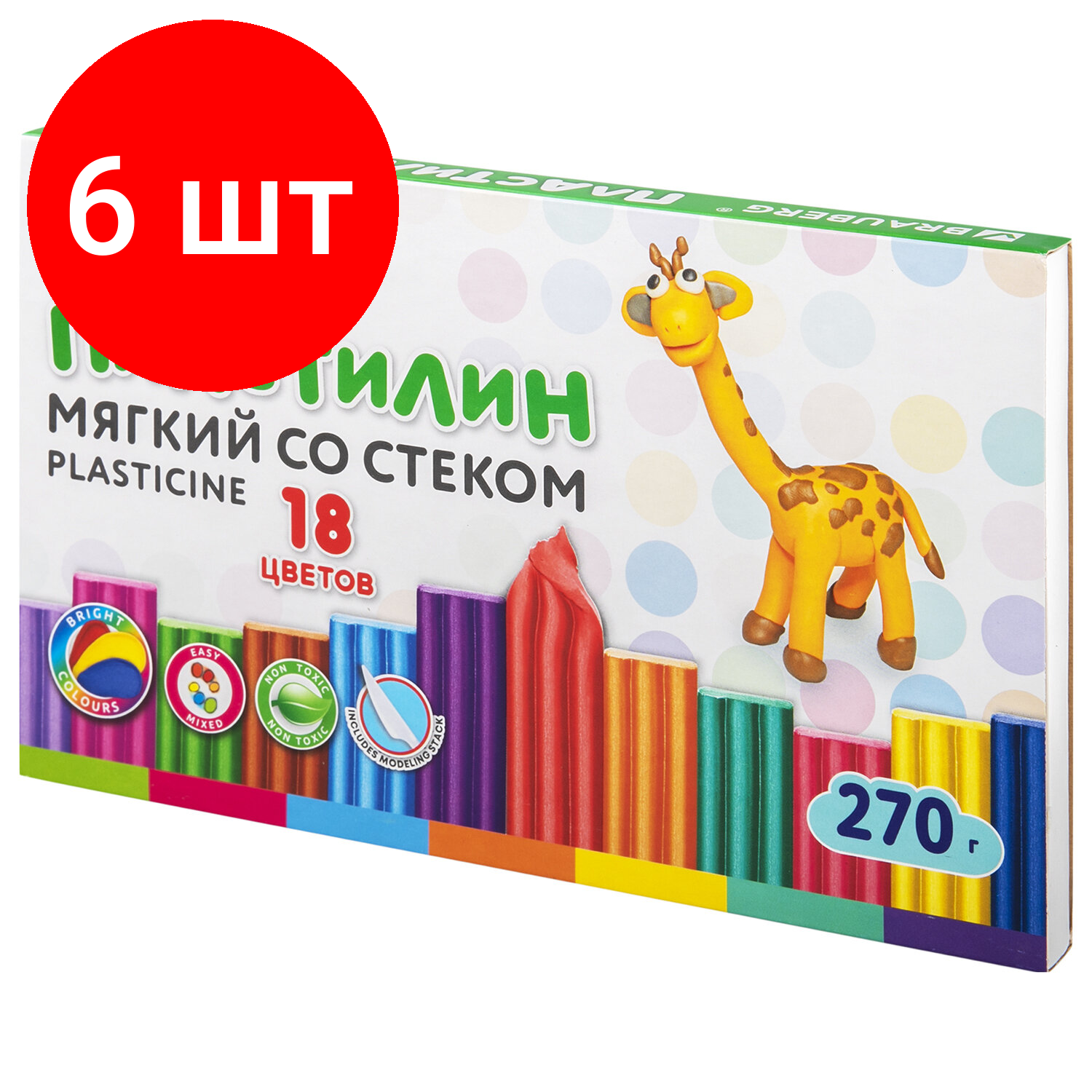 Комплект 6 шт, Пластилин мягкий восковой BRAUBERG KIDS, 18 цветов, 270 г, со стеком, 106497