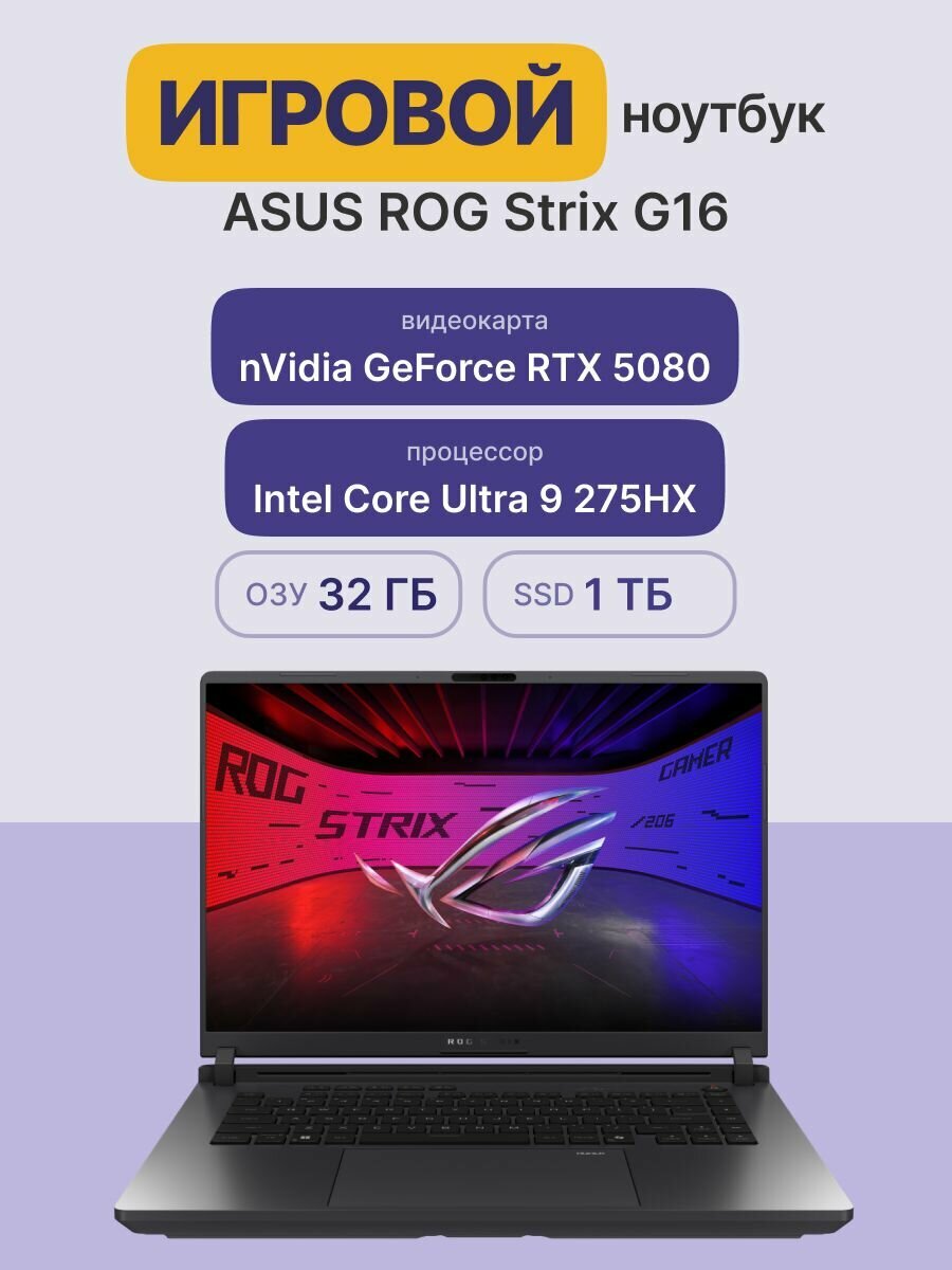 16" Ноутбук ASUS ROG Strix G16 G615LW, Ultra 9 275HX (2.7 Гц), 32 ГБ/1 ТБ, RTX 5080 (16 ГБ), без ОС, серый