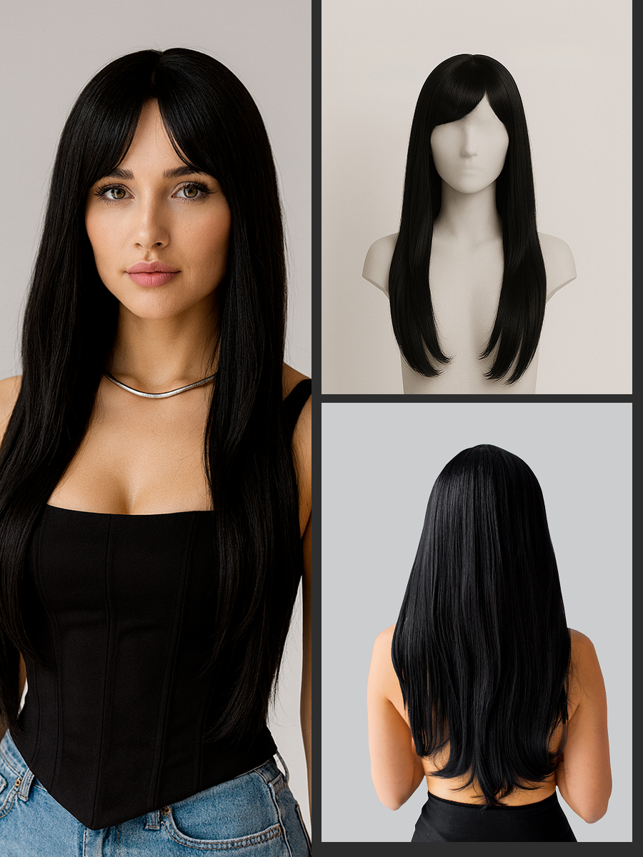 Женский парик HAIR COLLECTION имитация натуральных волос, длинные волосы, с челкой, черный цвет, 60 см