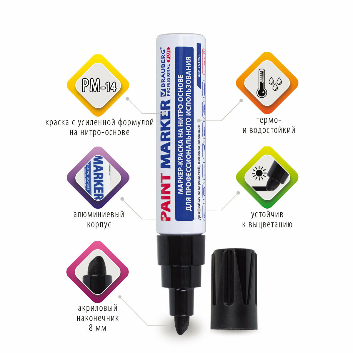 Лаковый маркер-краска BRAUBERG PRO PLUS paint marker 8 мм, черный, нитро-основа, алюминиевый корпус 151455