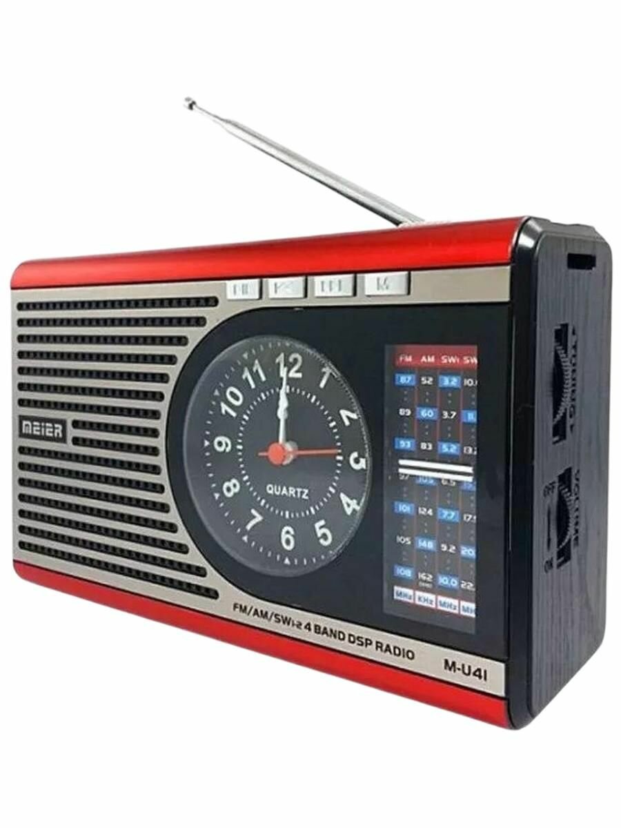 Радиоприёмник всеволновый Meier M-41BT c фонариком и часами, красный/черный.