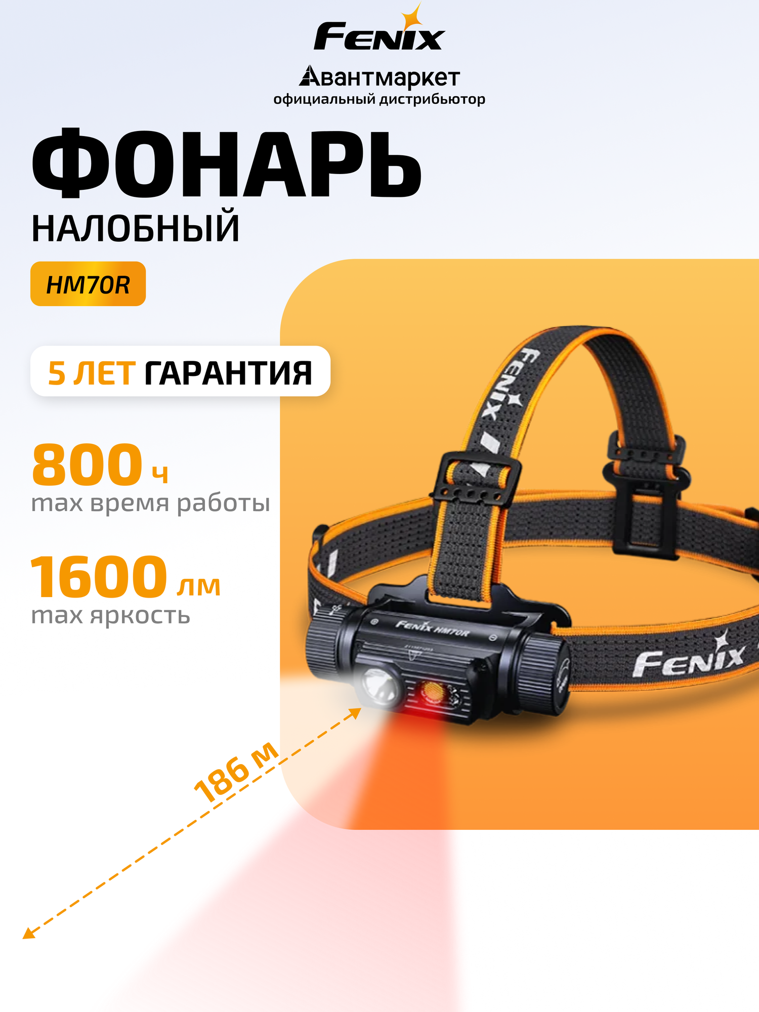 Налобный фонарь "Fenix" HM70R, ударопрочный, IP68, 1600 люмен