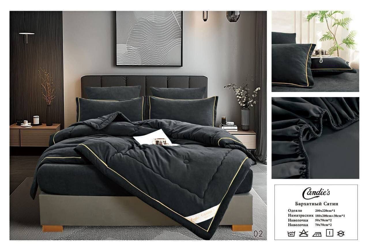 Комплект постельного белья евро с одеялом бархатный Сатин простынь на резинке с ушками