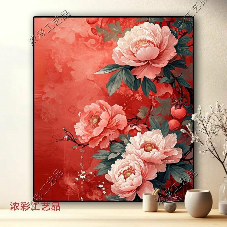 Цифровая масляная живопись с цветком пиона под красной стеной, DIY ручная роспись акрилом, декор для гостиной, входная подвесная картина