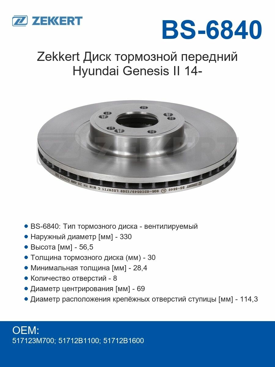 Zekkert Диск тормозной передний Hyundai Genesis II 14-