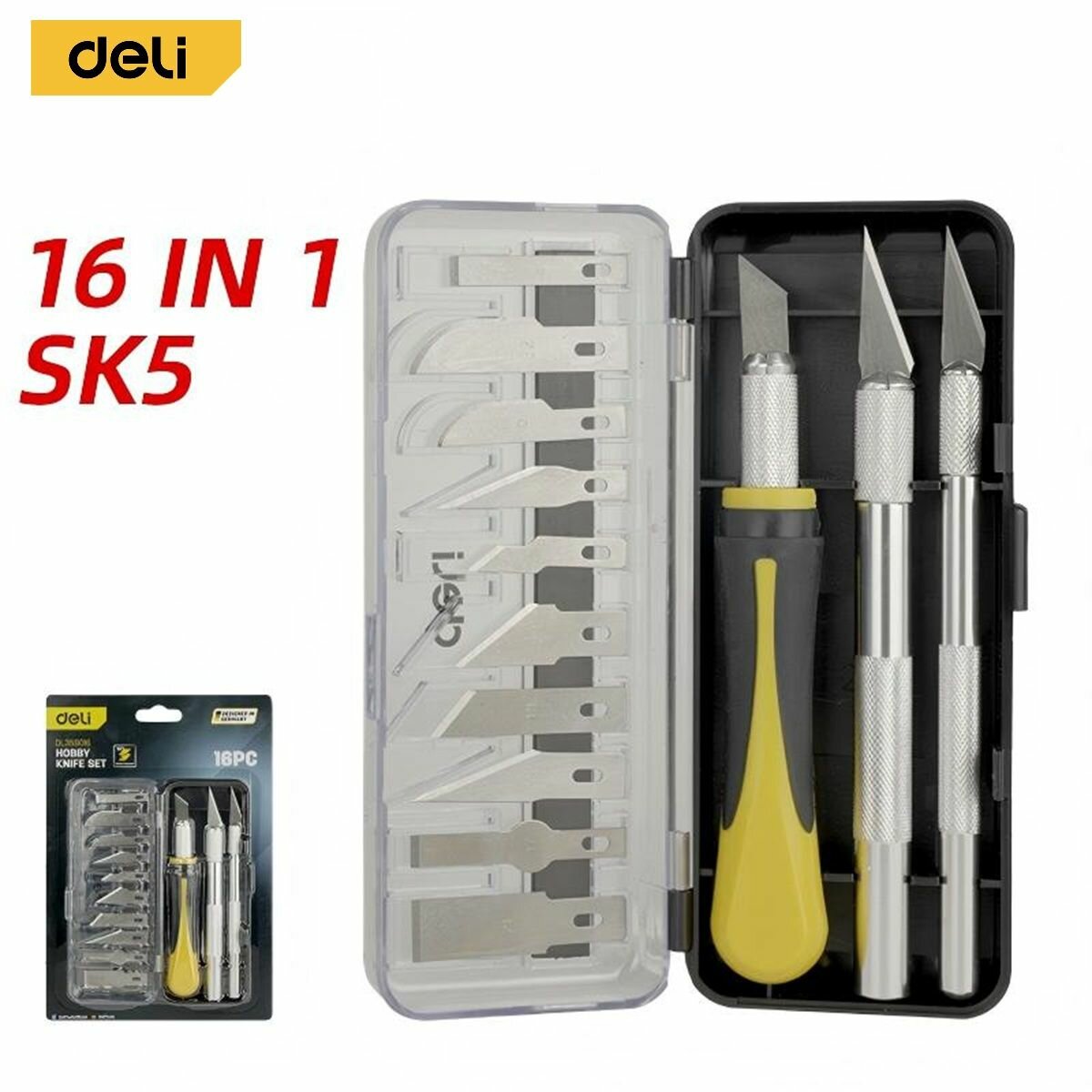 Набор резцов по дереву Deli DL359016 (16 предметов, сталь SK5, пластиковый кейс)