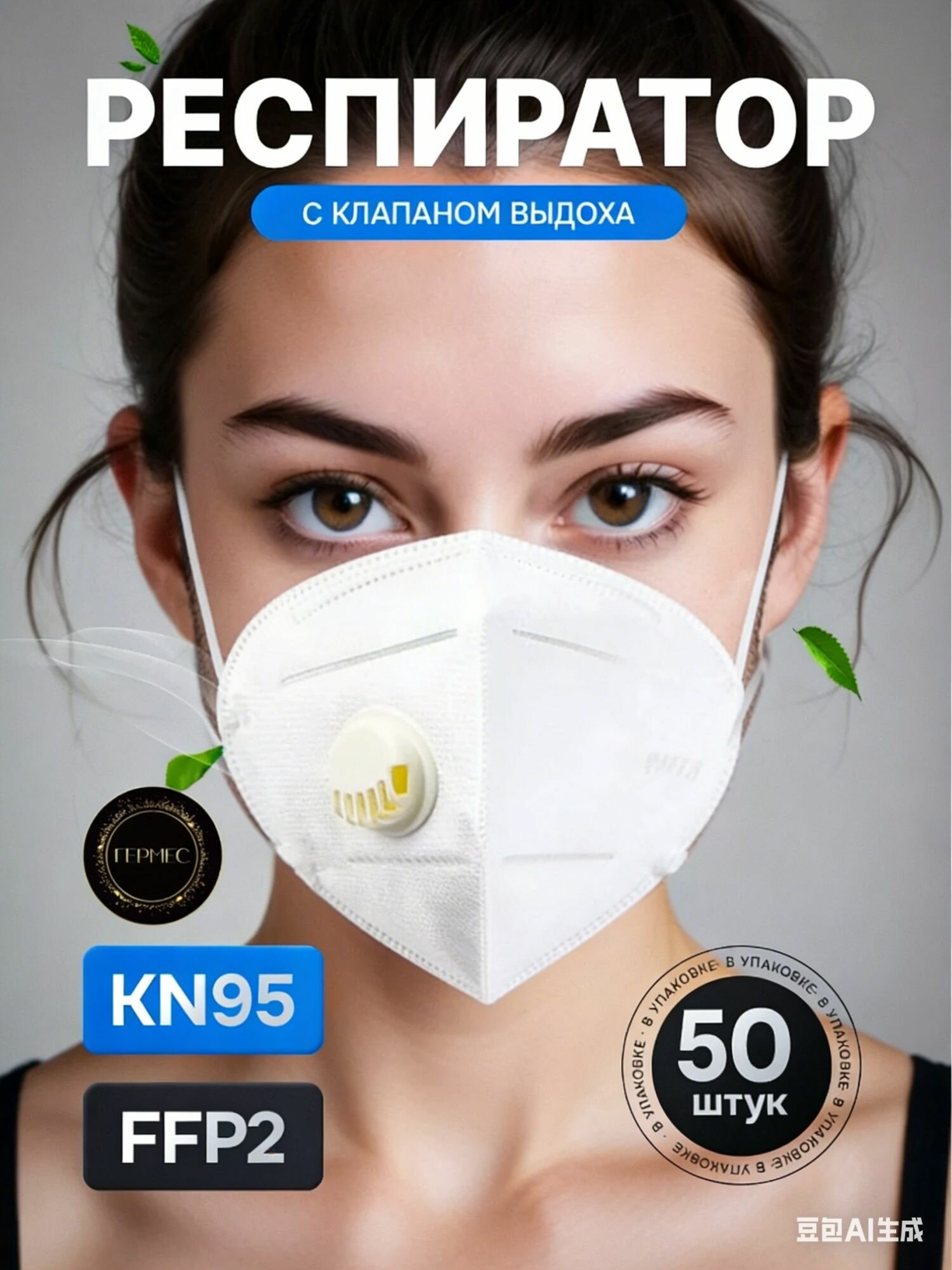 Респиратор-маска KN95, FFP2, многоразовый, с клапаном, 5 слоев, синий
