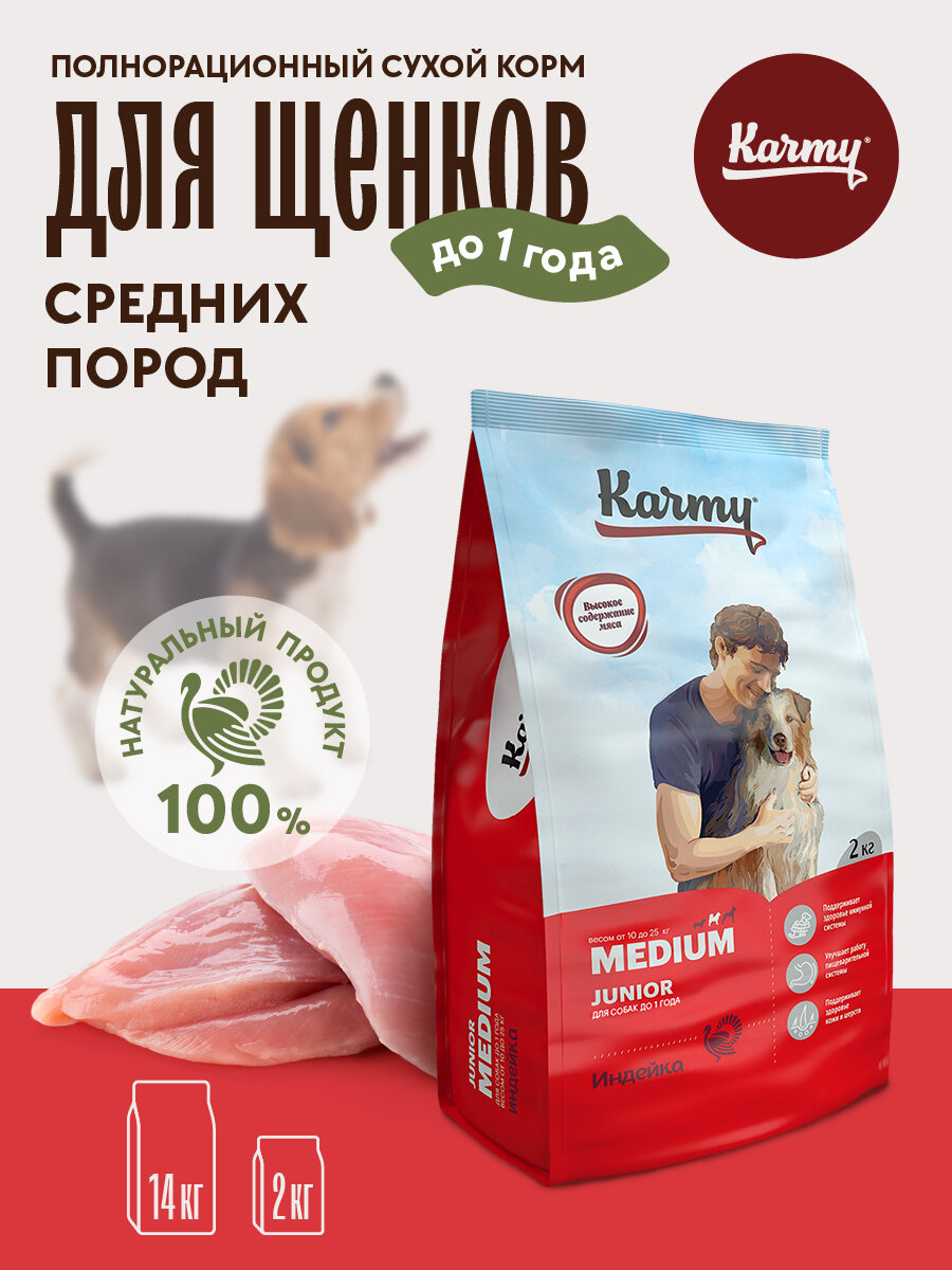 Сухой корм KARMY Medium Junior для щенков средних пород до 1 года, Индейка 2 кг.