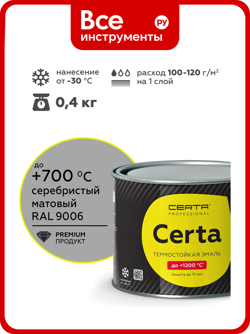 Термостойкая краска CERTA для металла, печей, мангалов, радиаторов, дымоходов, суппортов, до 700 градусов, серебристый RAL 9006, 0.4 кг CPR00049