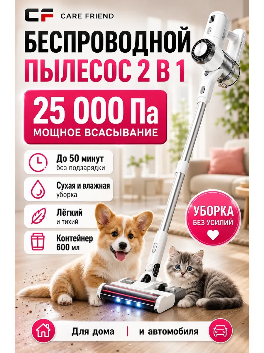 Вертикальный беспроводной пылесос сухая и влажная уборка CF-WVC331WH,250 Вт, белый
